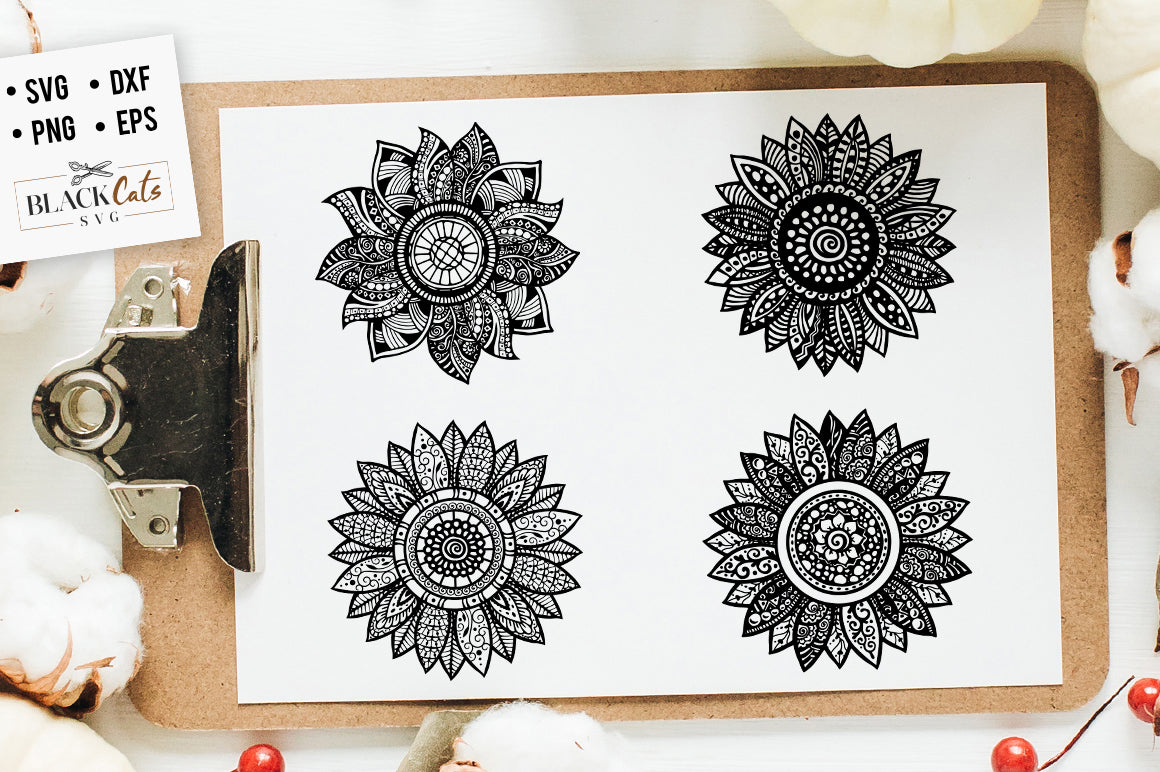 Sunflower Zentangle 9-10-11-12 SVG – BlackCatsSVG